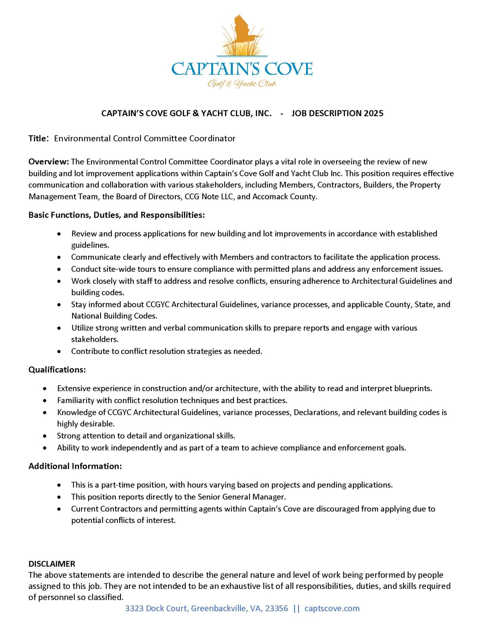 ECC- Environment Control Coordinator - Captain's Cove Golf & Yacht Club