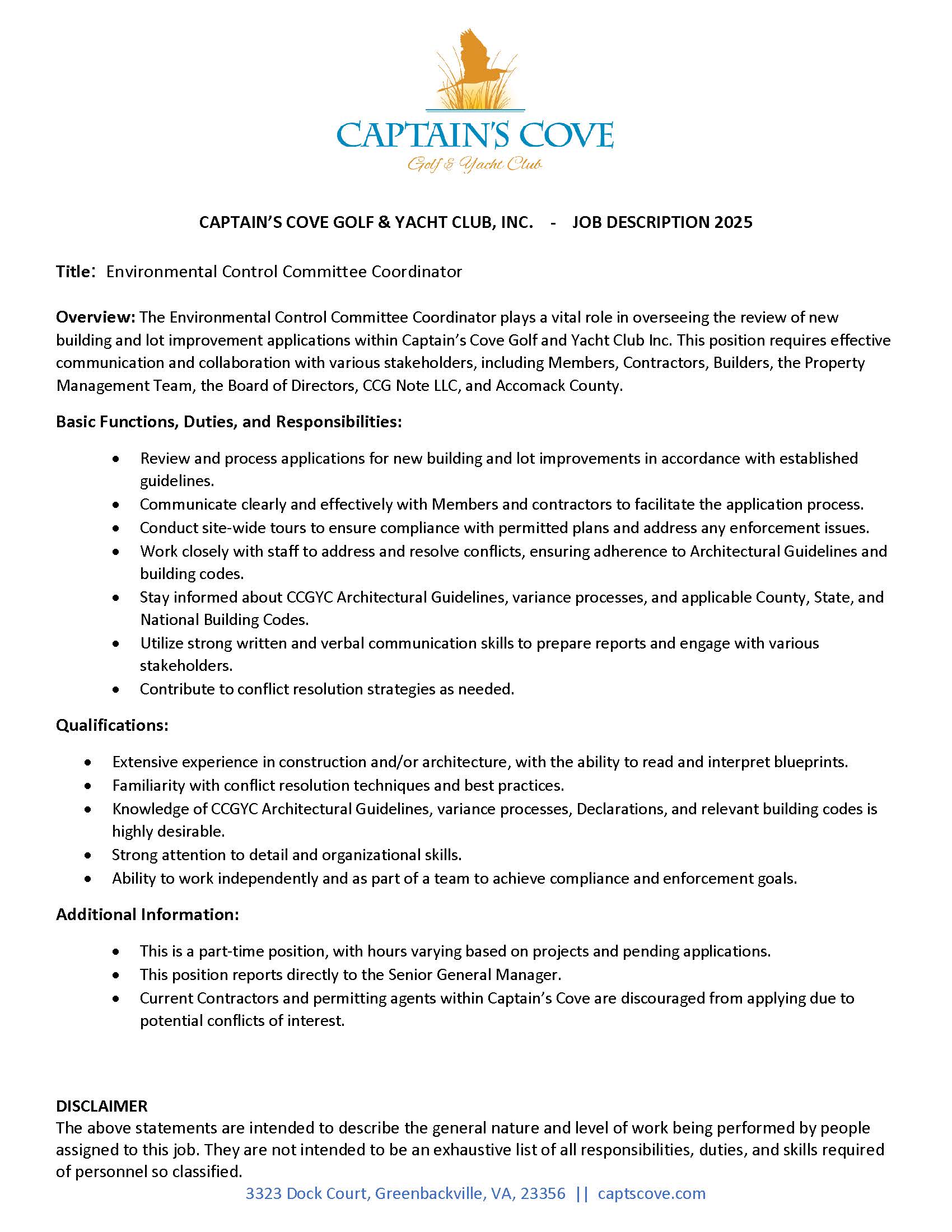 ECC- Environment Control Coordinator - Captain's Cove Golf & Yacht Club