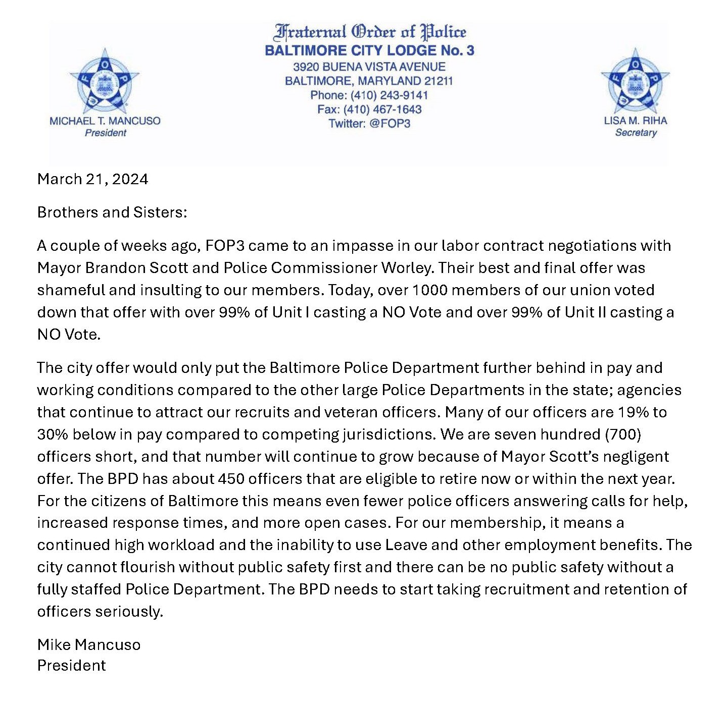 Labor Contract Vote Result 3/21/2024 | Events Calendar FOP #3