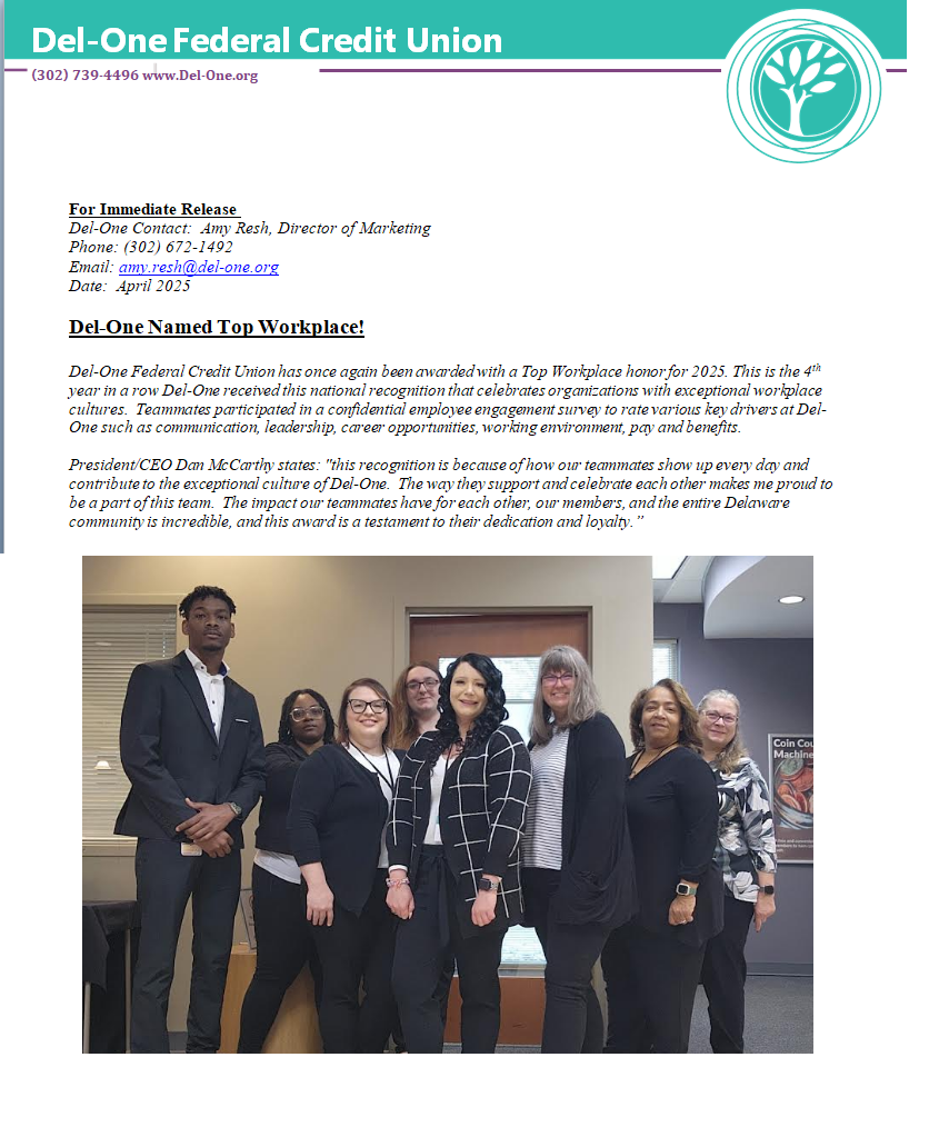 Del-One Federal Credit Union Named Top Workplace | Lewes Chamber of ...